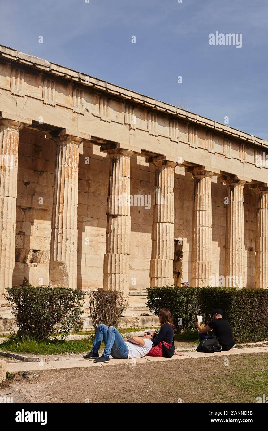 Temple of Hephaestus, tourist sun bathing Stock Photo - Alamy