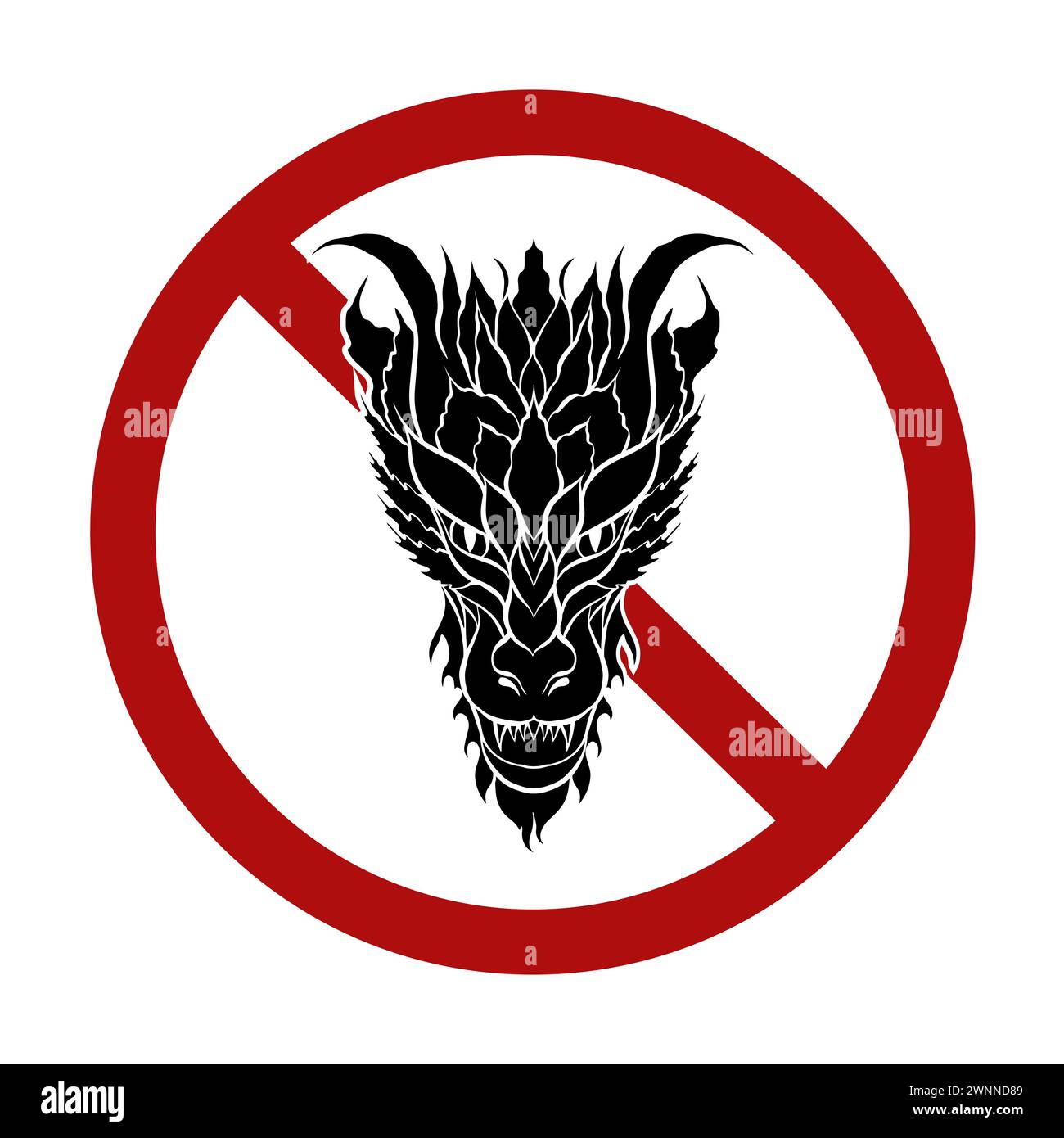 Vector prohibition sign with black silhouette of dragon isolated from ...