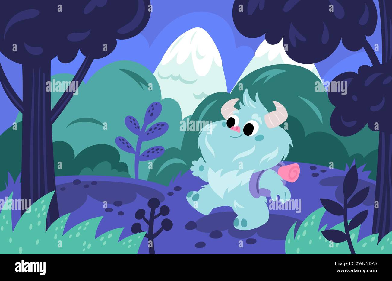 Cartoon yeti walks. Cute snowman in nature goes hiking with backpack ...