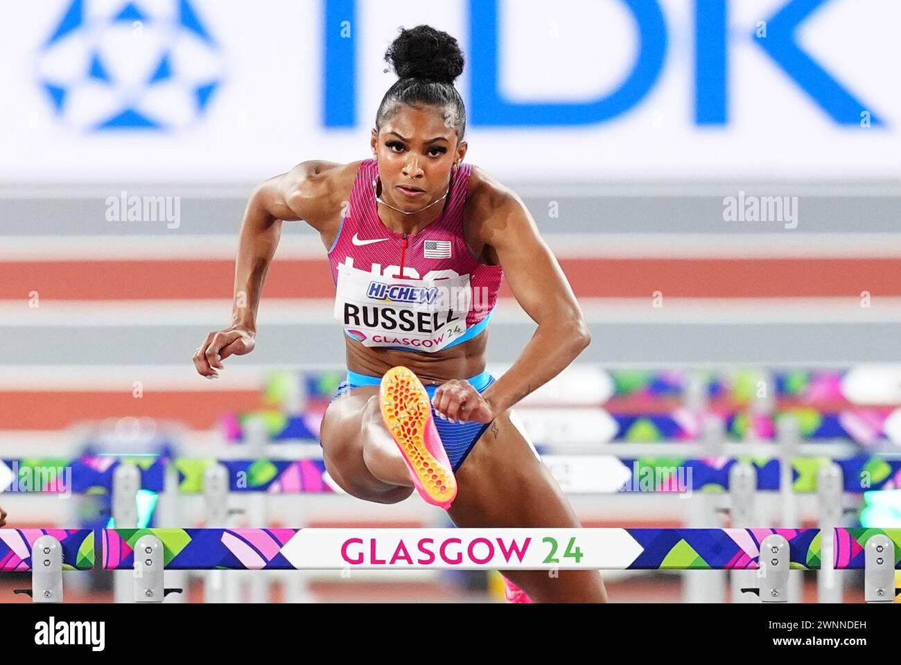 USA's Masai Russell in the Women's 60 metre Hurdle semi-final heat 3 ...