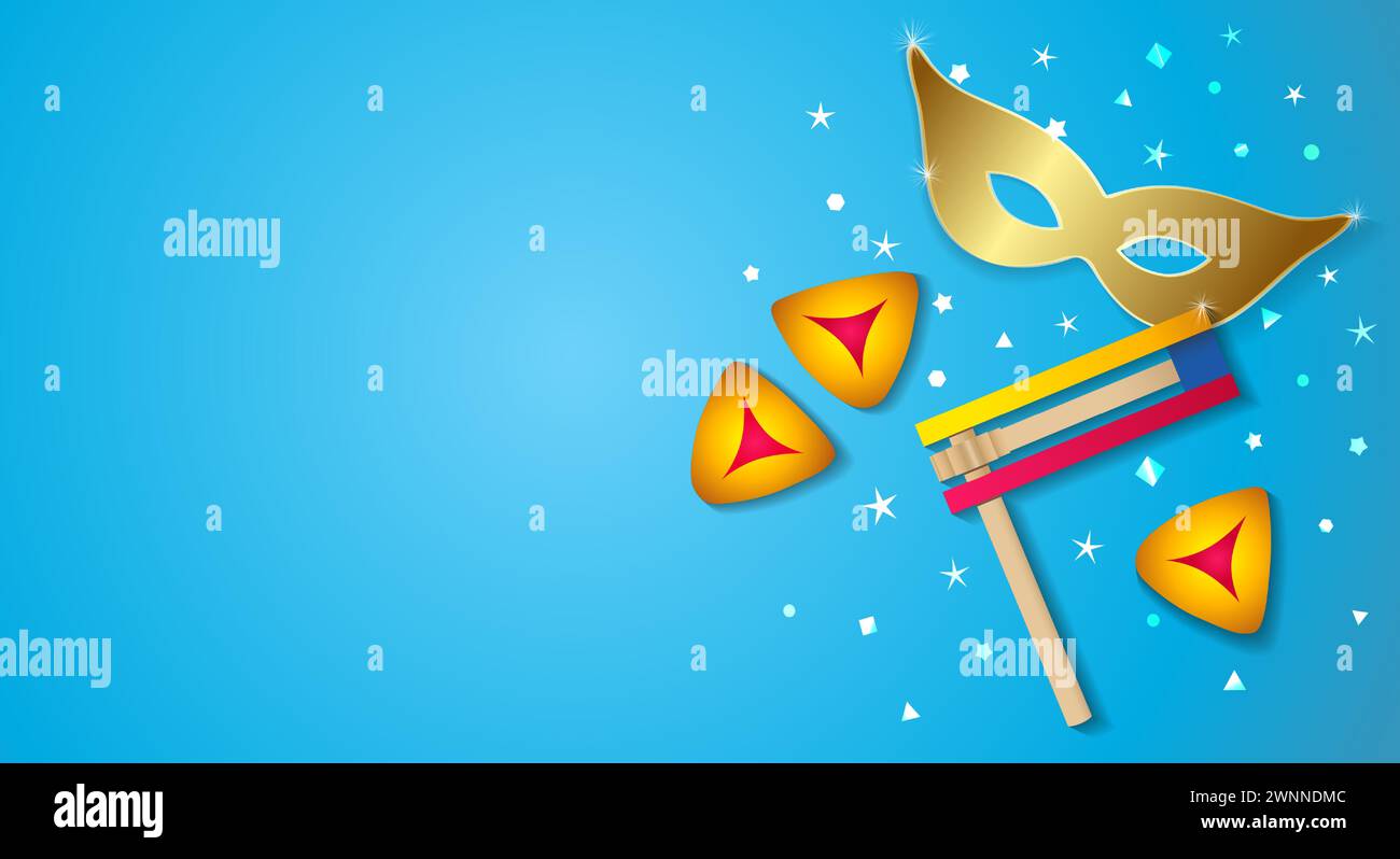 Background for Happy Purim with carnival mask, hamentashen and raashan ...