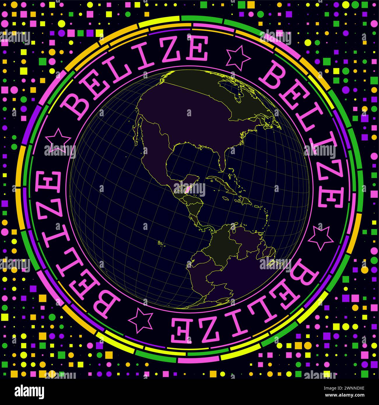 Futuristic Belize on globe. Bright neon satellite view of the world ...