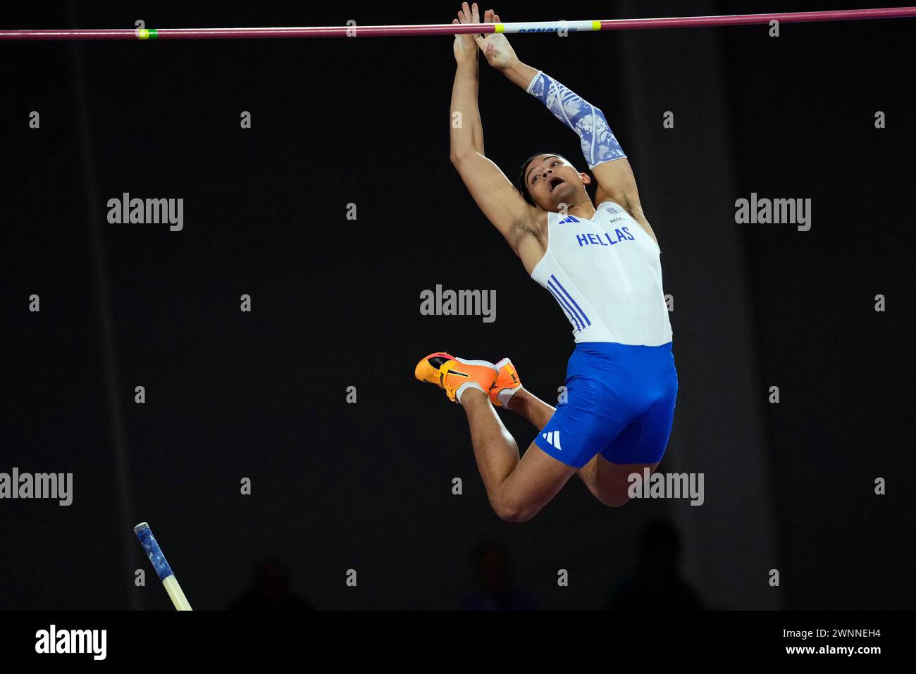 Emmanouil Karalis, of Greece, makes an attempt in the men's pole vault ...