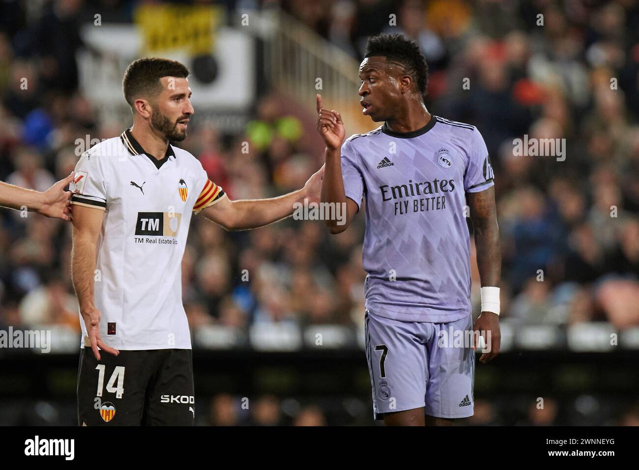 VALENCIA, SPAIN - MARCH 2: Jose Gaya Left-Back of Valencia CF argue ...