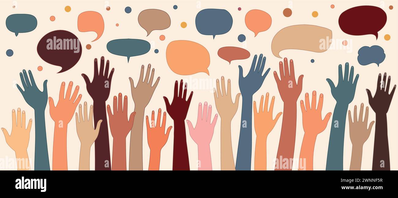 Anonymous raised of multicultural group people. Racial equality. Speech ...