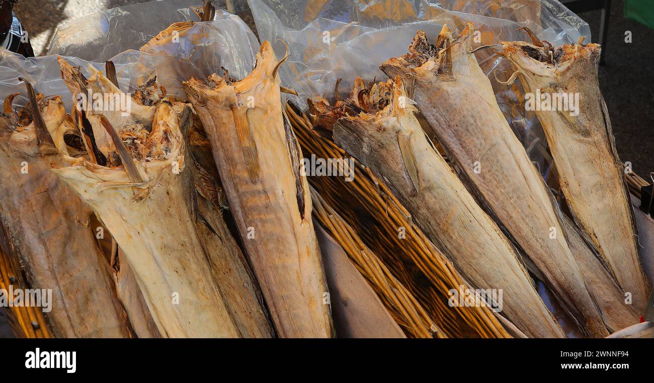 Dried headless stockfish is a popular delicacy for sale at the fish ...