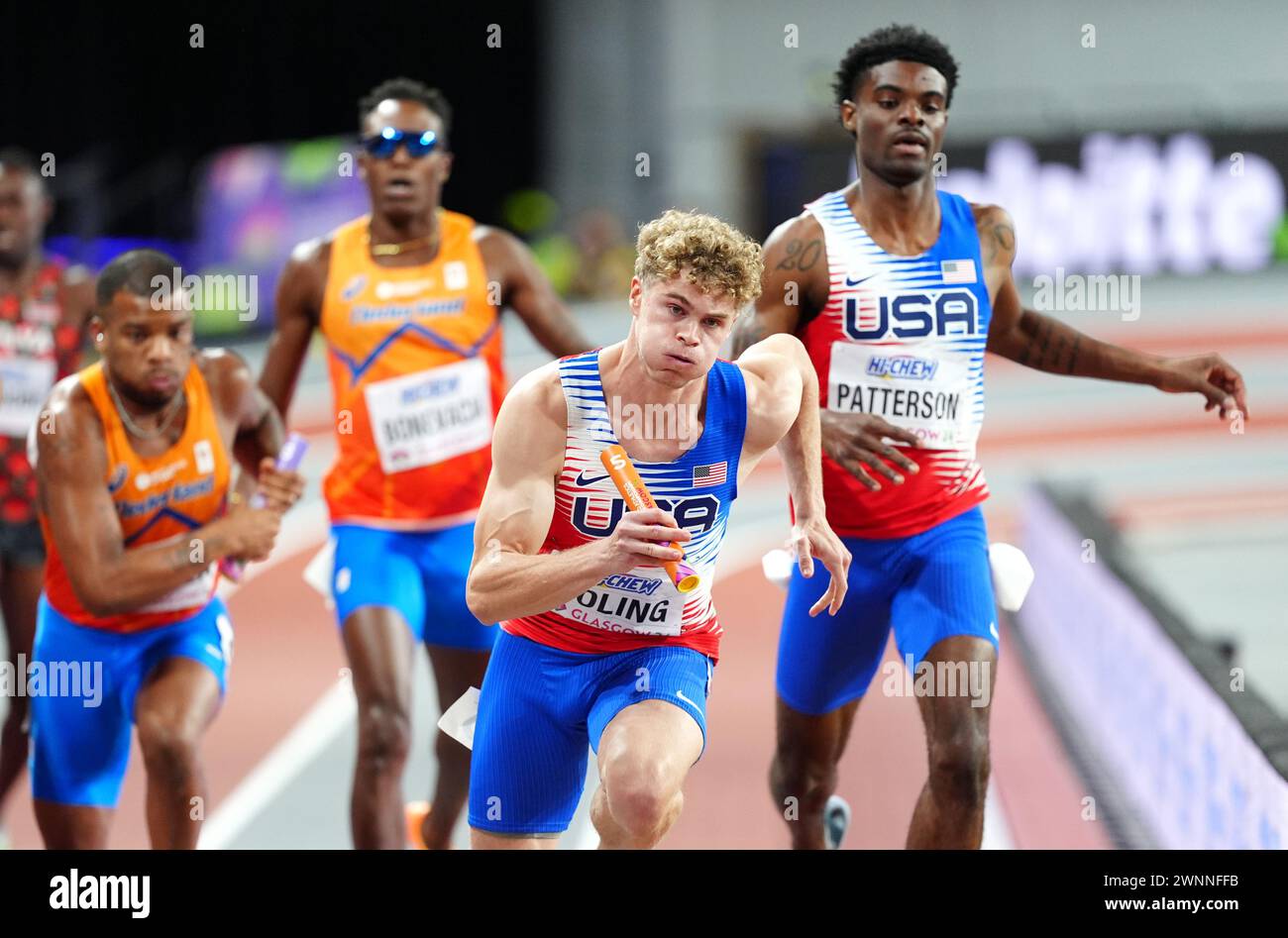 USA's Matthew Boling at the first changeover in the Men's 4x400m Relay ...