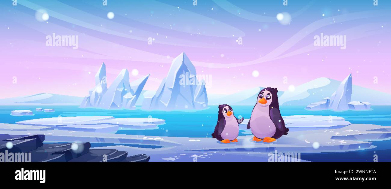 Penguins on snowy arctic landscape. Vector cartoon illustration of cute ...