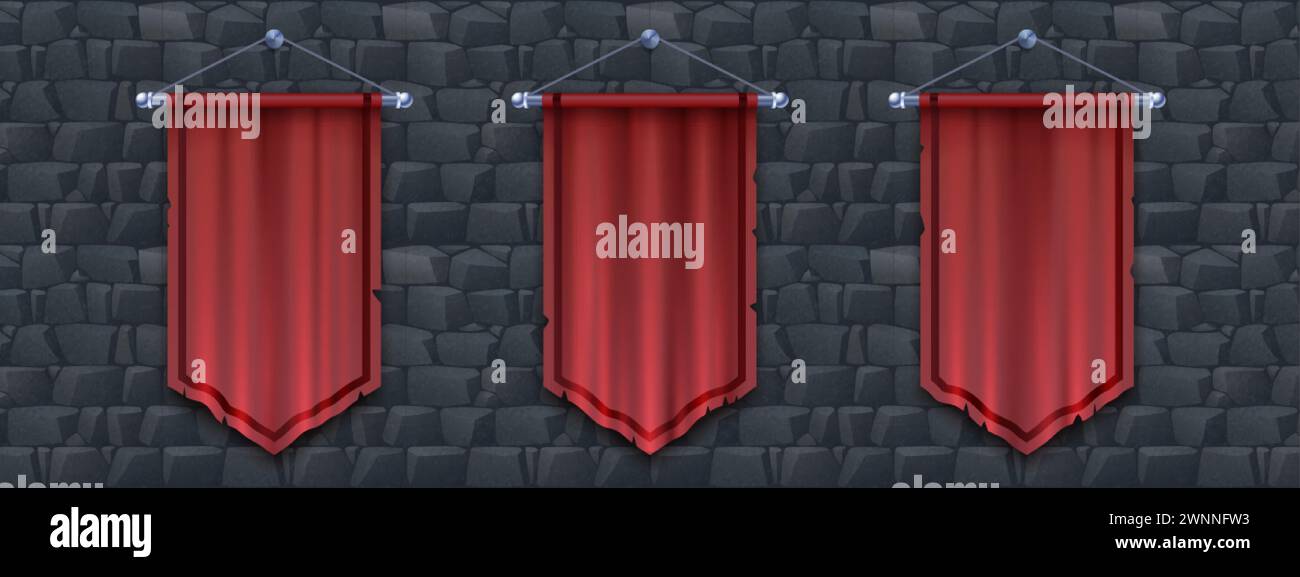 Medieval red cloth banners set isolated on stone background. Vector ...