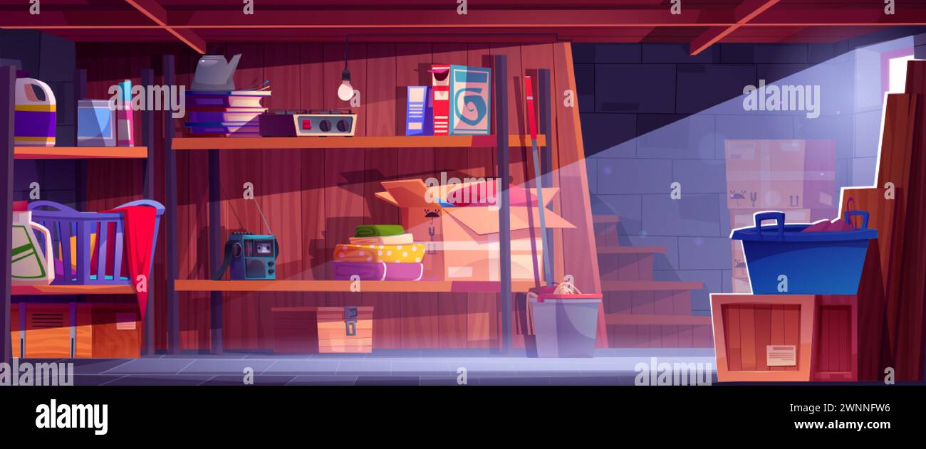 House basement room interior with storage cardboard boxes, housekeeping ...