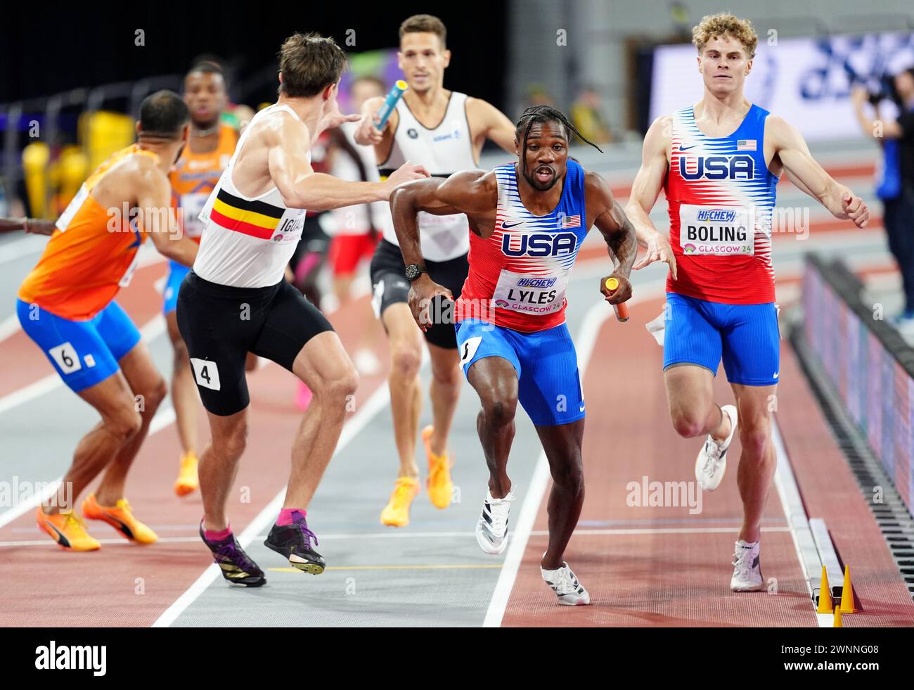 USA's Noah Lyles at the second changeover in the Men's 4x400m Relay ...