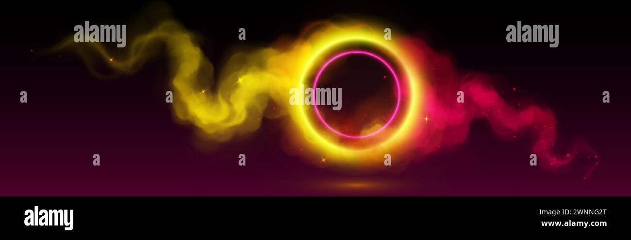 Neon ring in clouds of pink and yellow smoke on dark background. Vector ...