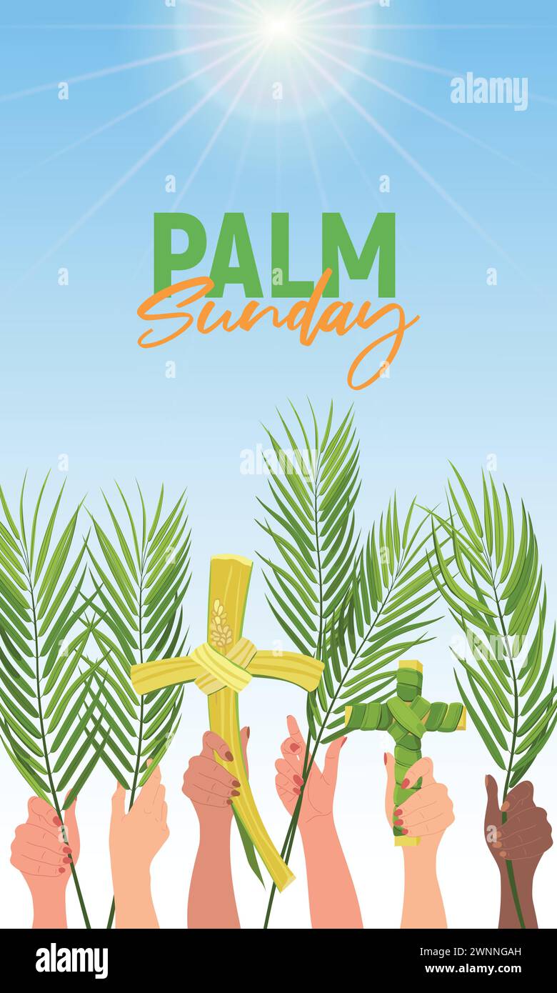Celebration of Palm Sunday. Hands of people of different nationalities ...