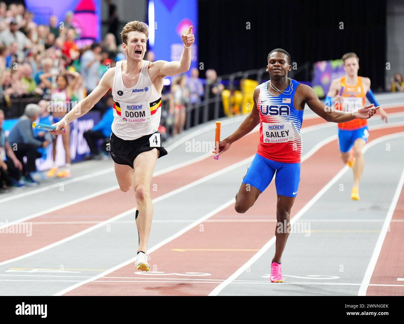 Belgium's Alexander Doom celebrates winning the Men's 4x400m relay ...
