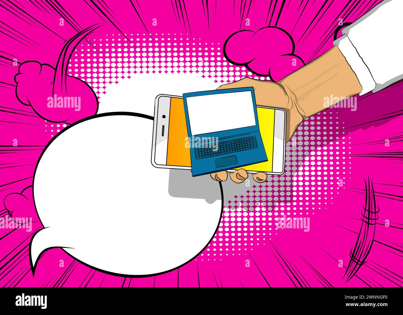 Cartoon Smart Phone and Laptop with blank speech bubble, comic book ...