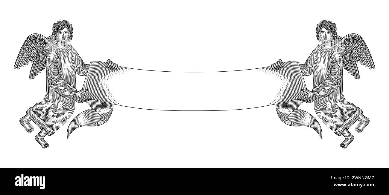 Cupid angel with banner, Vintage engraving drawing style illustration ...