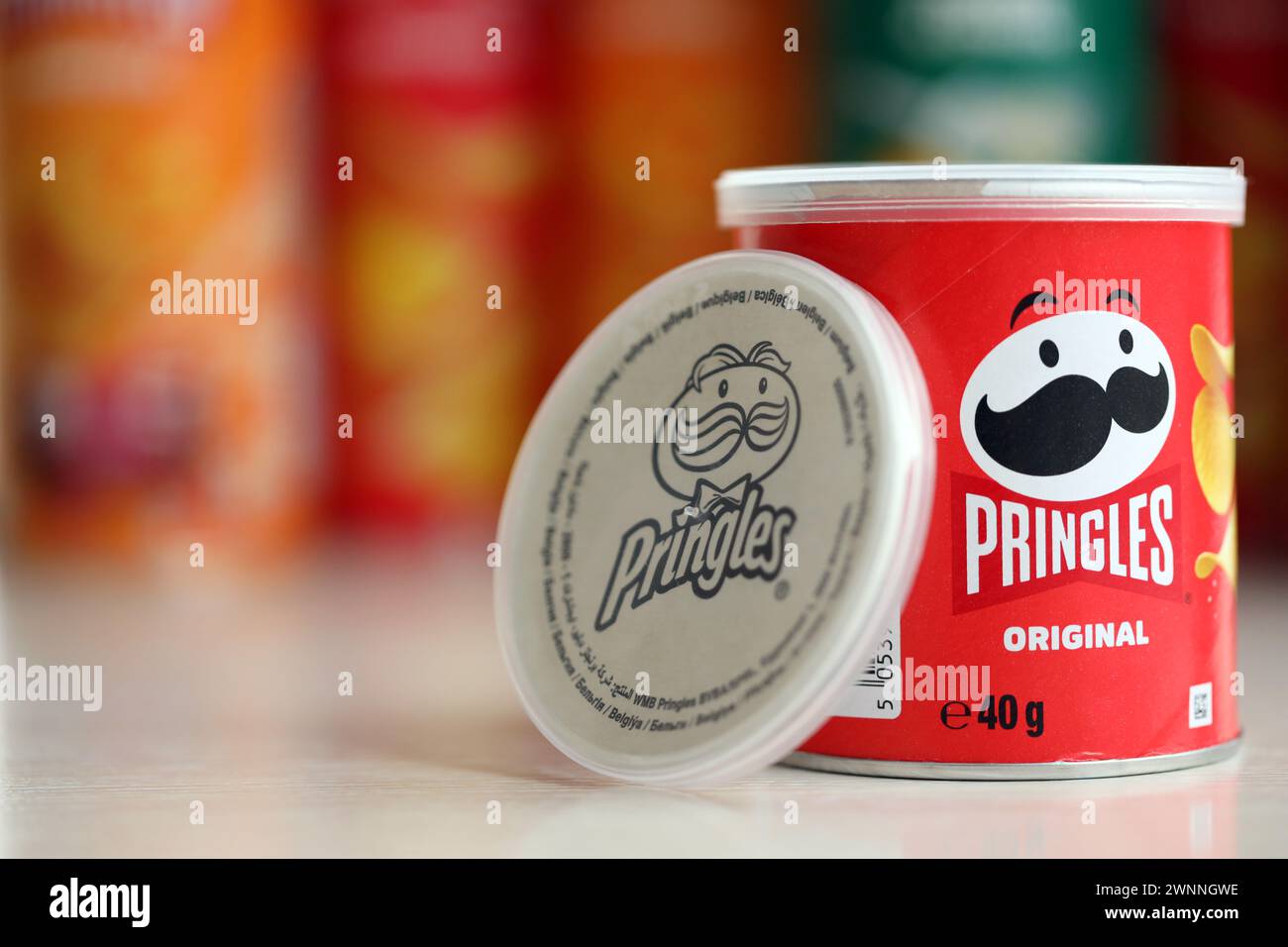 KYIV, UKRAINE - FEBRUARY 27, 2024 Pringles original potato chips on ...