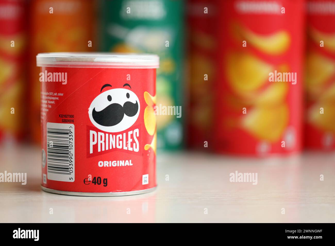 KYIV, UKRAINE - FEBRUARY 27, 2024 Pringles original potato chips on ...
