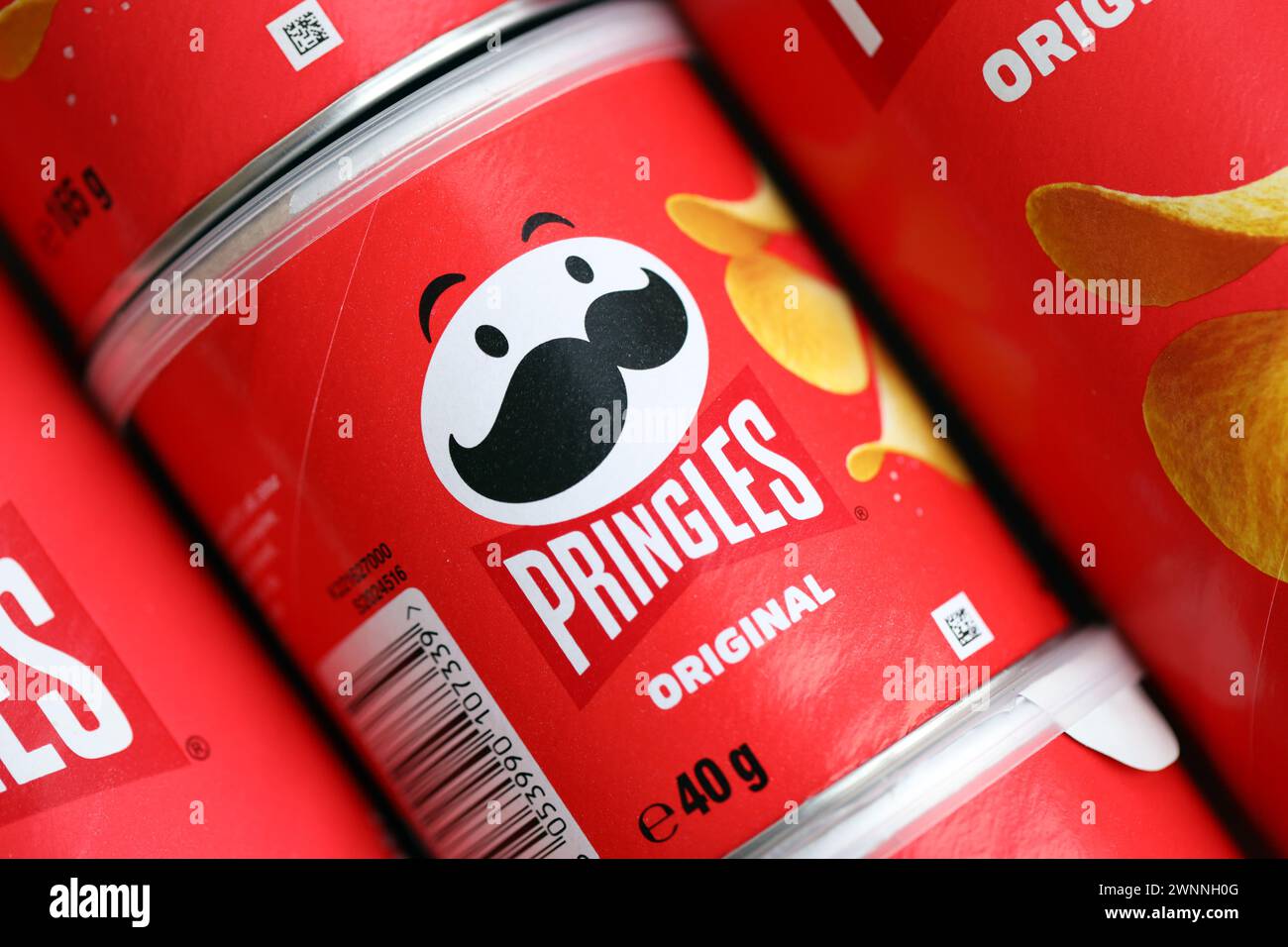 KYIV, UKRAINE - FEBRUARY 27, 2024 Pringles original potato chips on ...