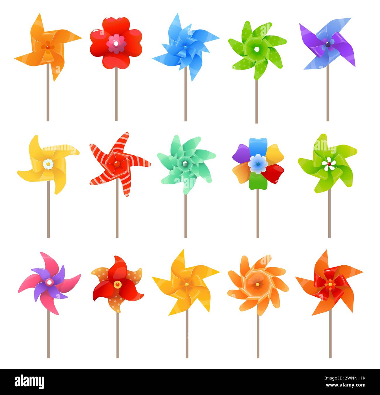 Colorful pinwheel summer toys. Cartoon paper windmills. Different ...