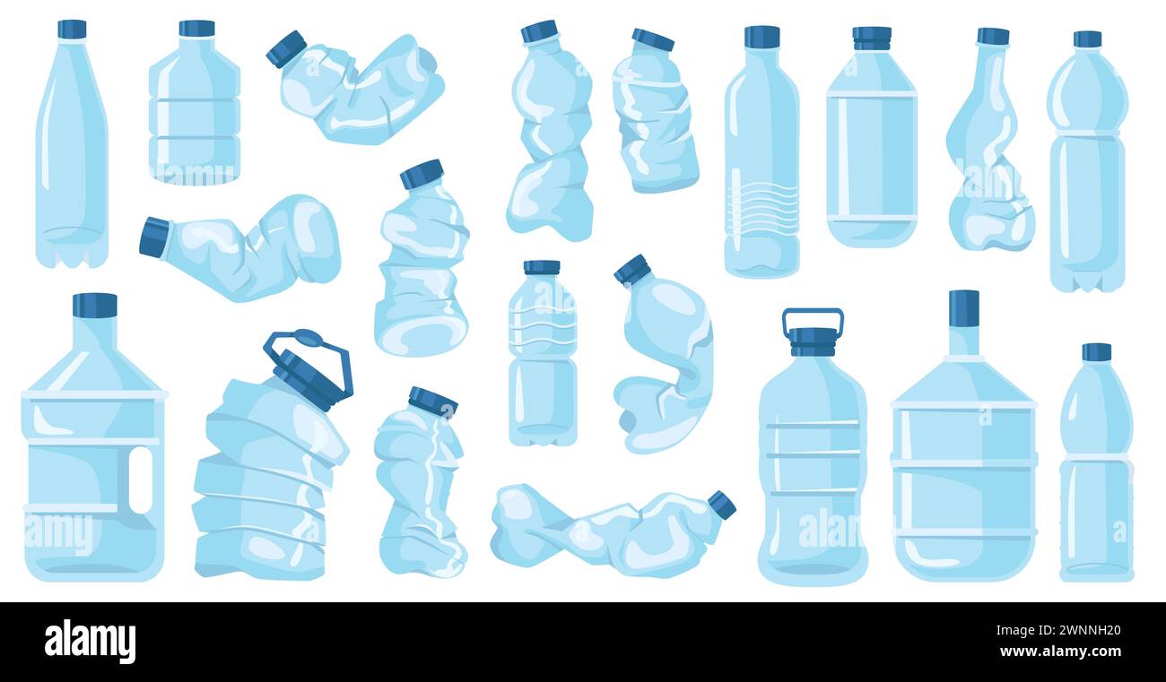 Cartoon crumpled bottles. Broken containers for drinking water. Plastic ...
