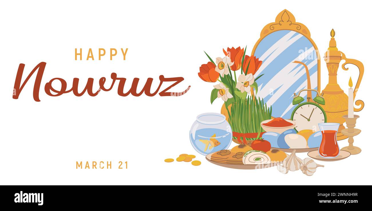 Happy Nowruz Day or Iranian New Year. Illustration with attributes of a ...