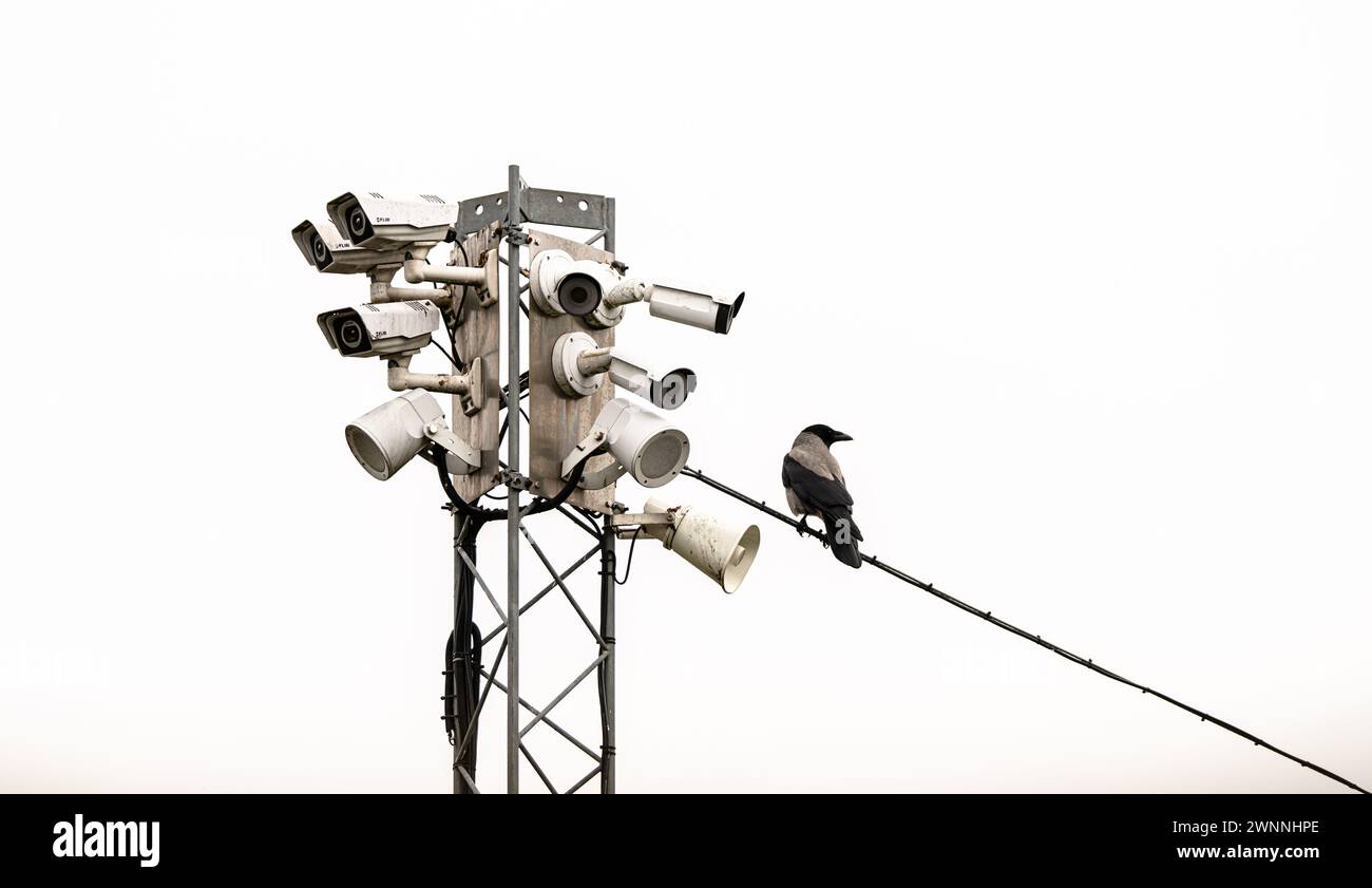 Gothenburg, Sweden - February 24 2024: CCTV cameras on a tall mast with ...