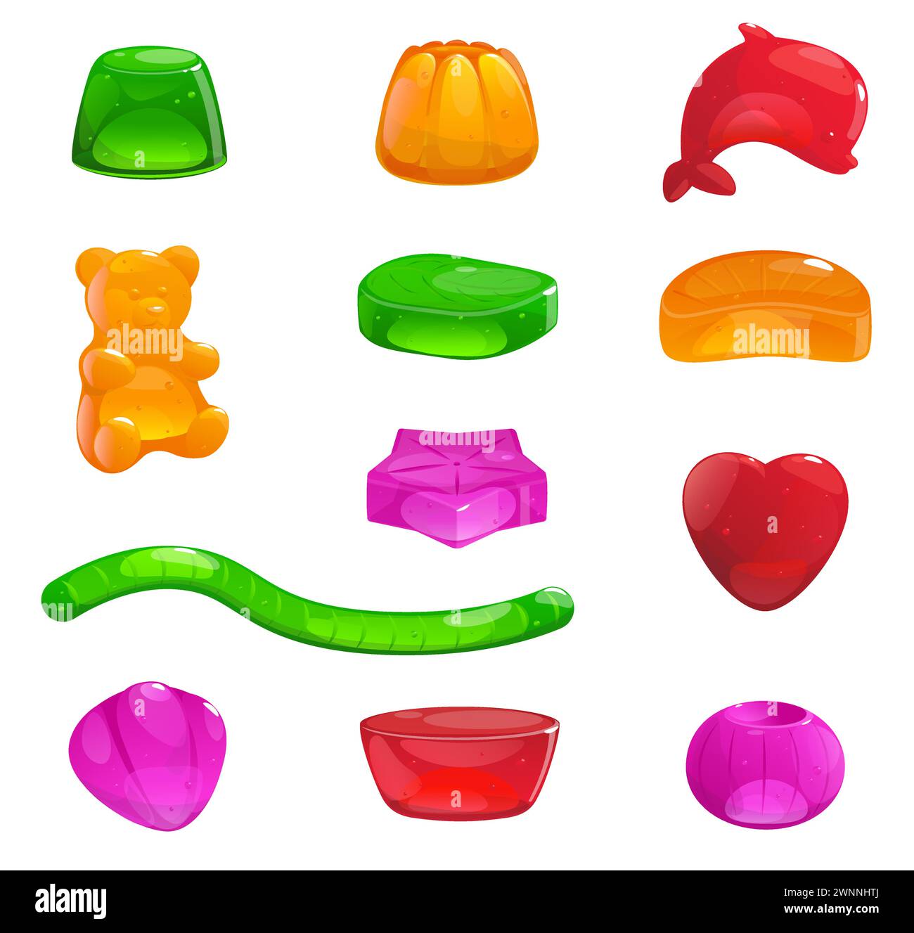 Cartoon jelly sweets. Chewing fruit candies. Colorful tasty gummy ...