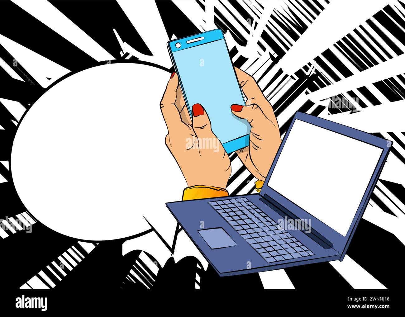 Cartoon Smart Phone and Laptop with blank speech bubble, comic book ...