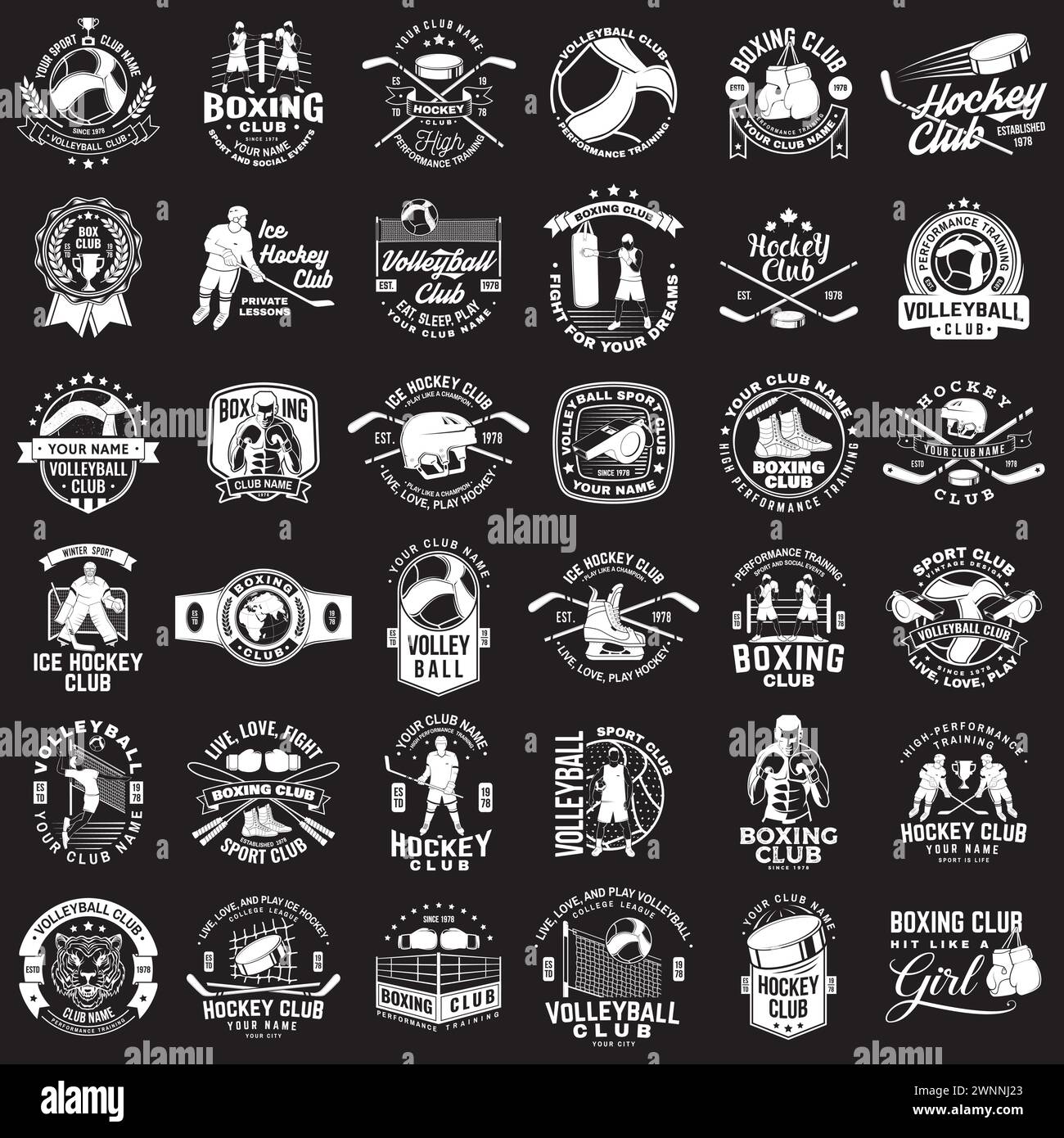 Set of Volleyball, Boxing club and Ice Hockey club badge, logo design ...