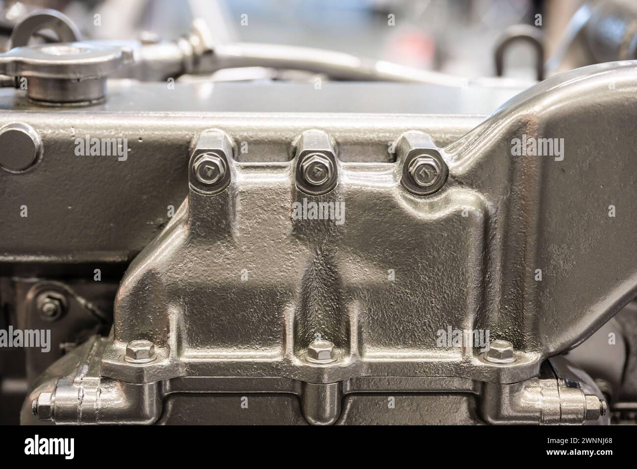 Gothenburg, Sweden - February 11 2024: Details of a diesel engine block ...