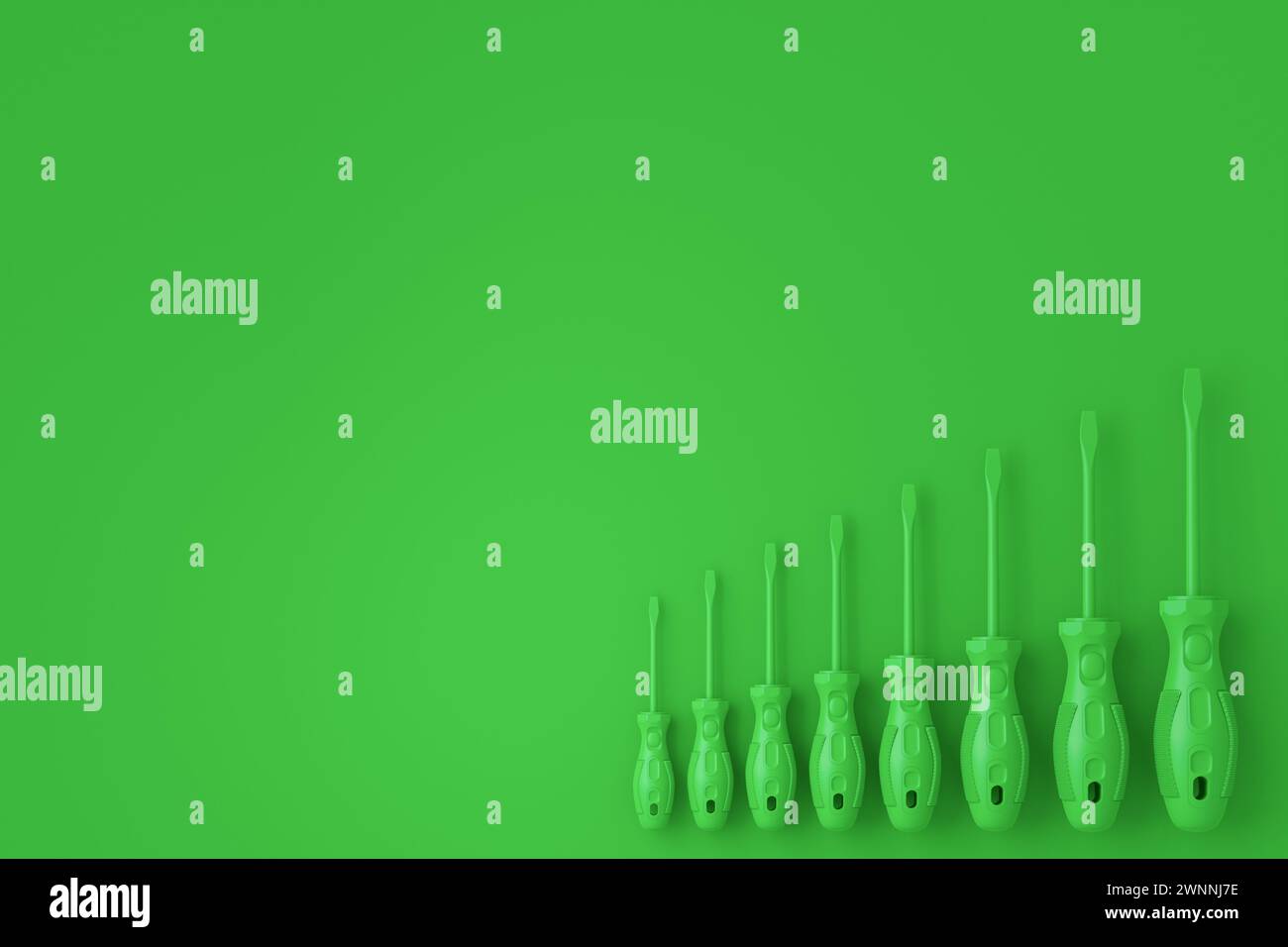 Set of monochrome screwdriver on multicolor background top view. 3d ...