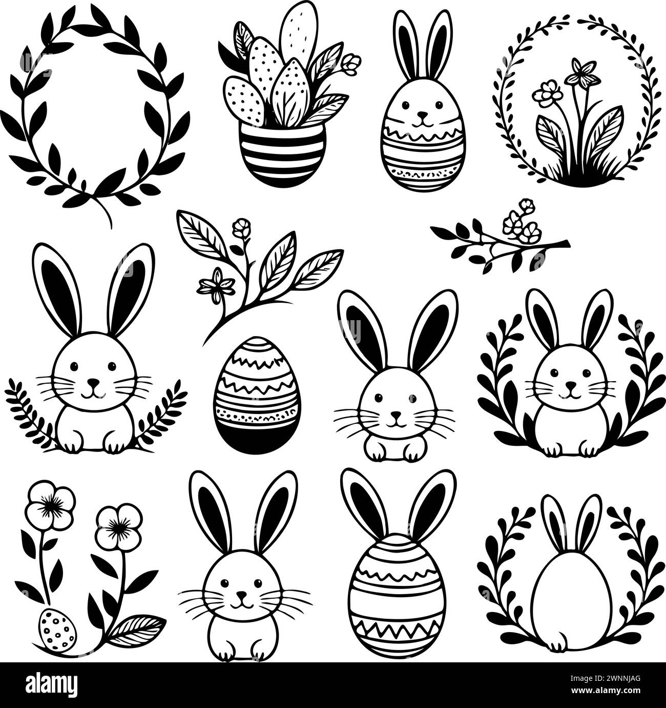 A set black and white Easter bunny illustrations. rabbits are sitting ...