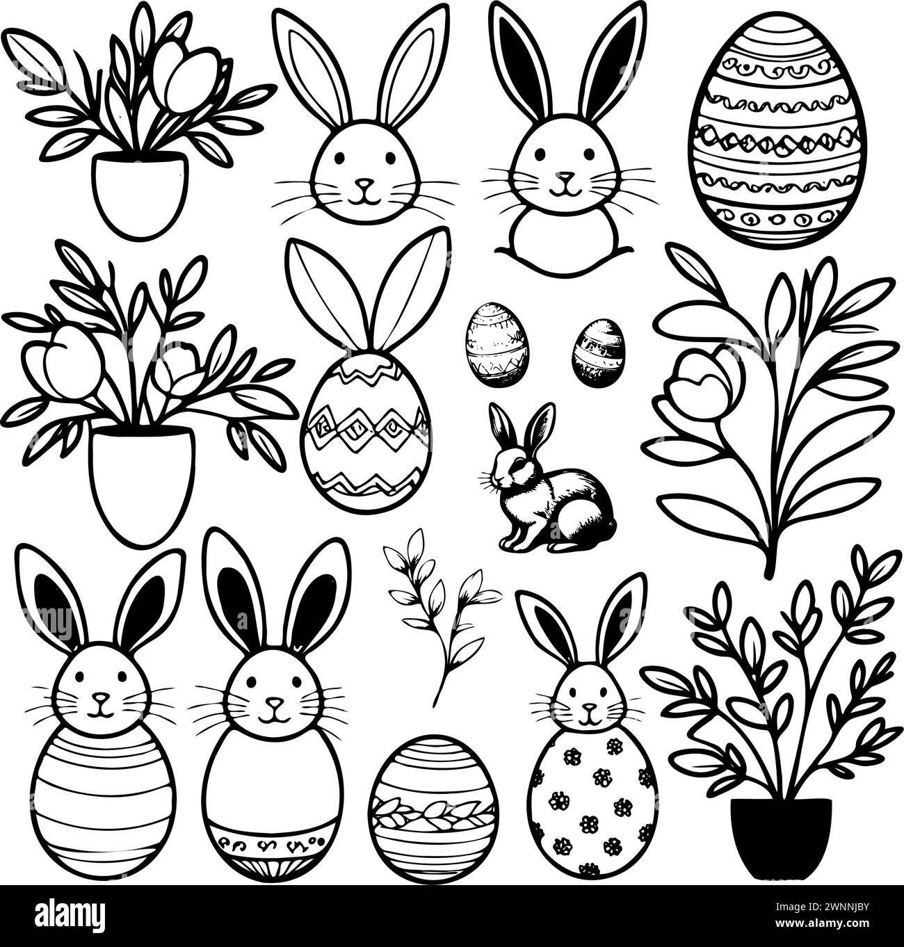 A set of Easter bunny drawings and eggs. drawings are of rabbits and ...