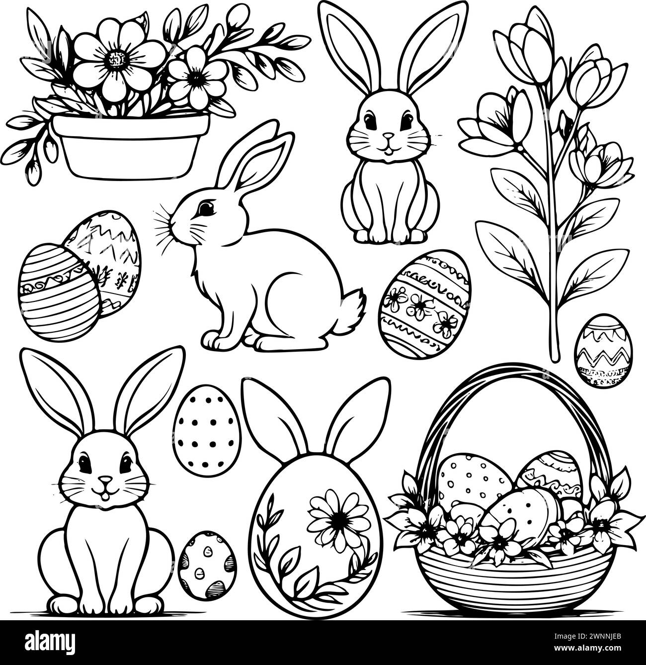 A set of Easter themed drawings rabbits, eggs, and flowers. rabbits are ...
