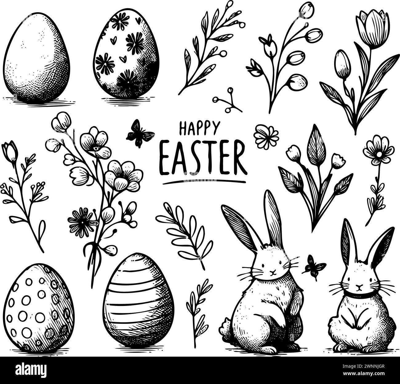 A set of Easter-themed drawings and symbols, including an egg, flowers ...