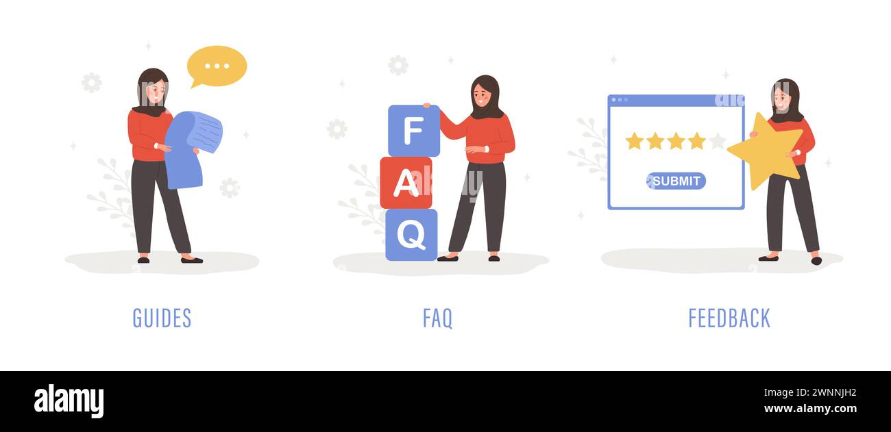 Customer support. Arabian female characters ask questions, read guides and leave feedback. FAQ ...