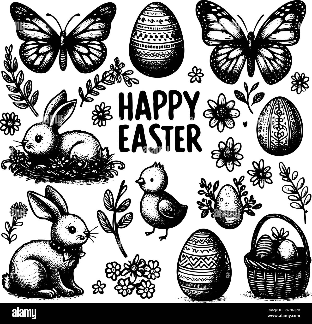 A collection of black and white images Easter animals and flowers. The ...