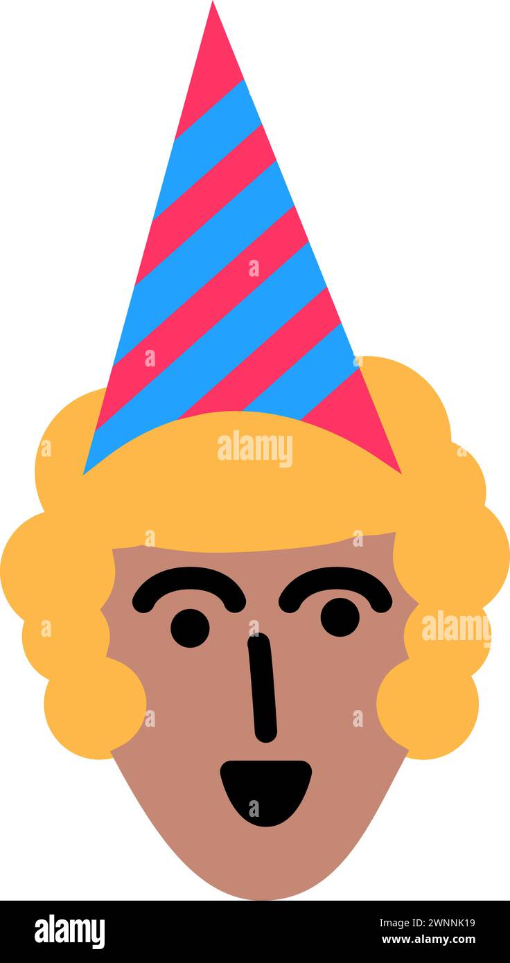 Party Woman face front view in cone cap placed on head, birthday symbol ...