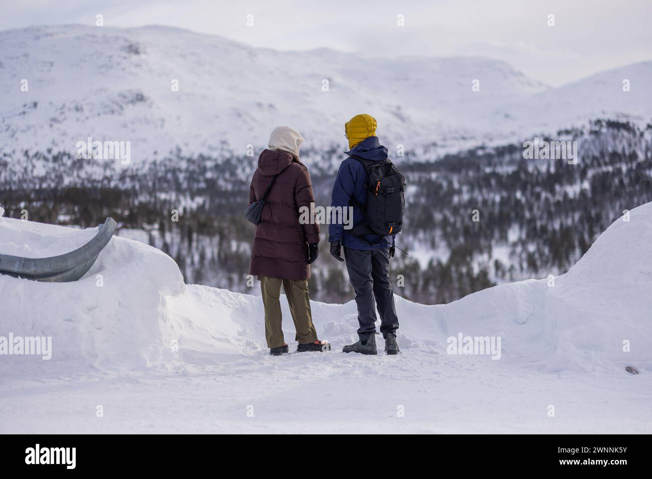Back view of norwegian couple enjoying the view of magnificent ...