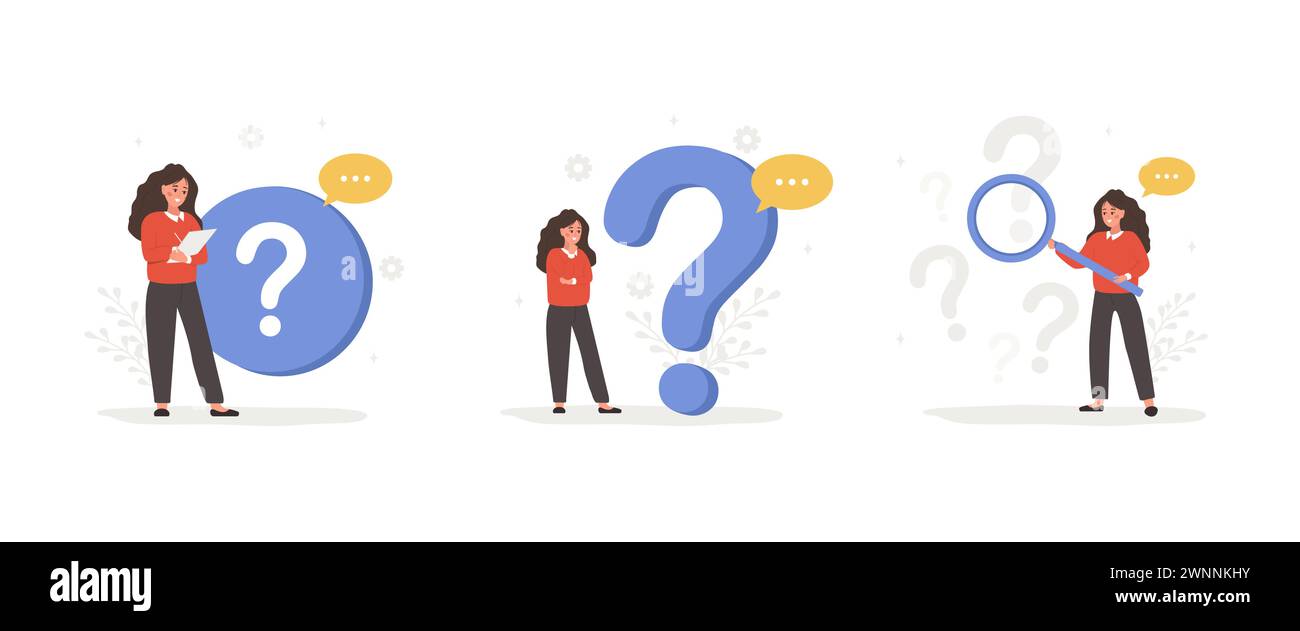 FAQ concept. Women ask questions and receive answers. Customer support ...