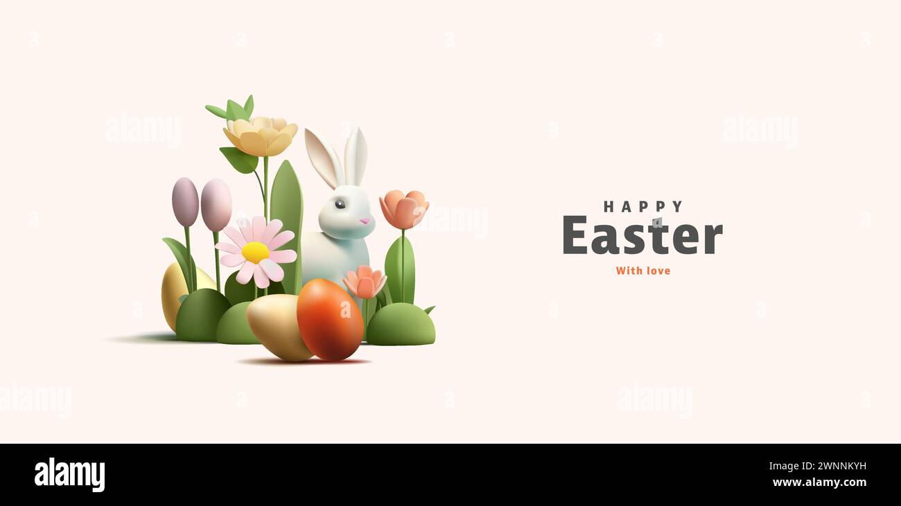 Happy Easter greeting with 3d render Easter eggs and bunny in flowers ...