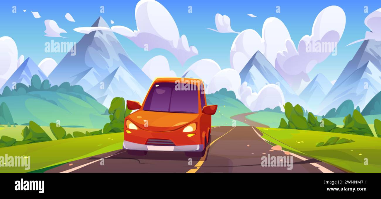 Car driving curvy mountain road. Vector cartoon illustration of winding ...