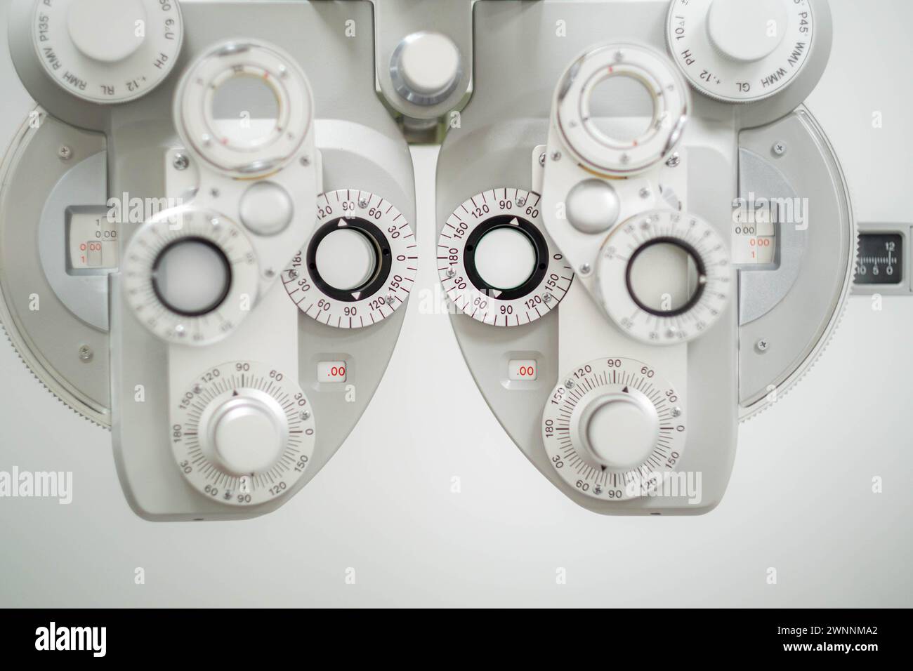 close up of phoropter, specialized instrument used in eye examinations ...