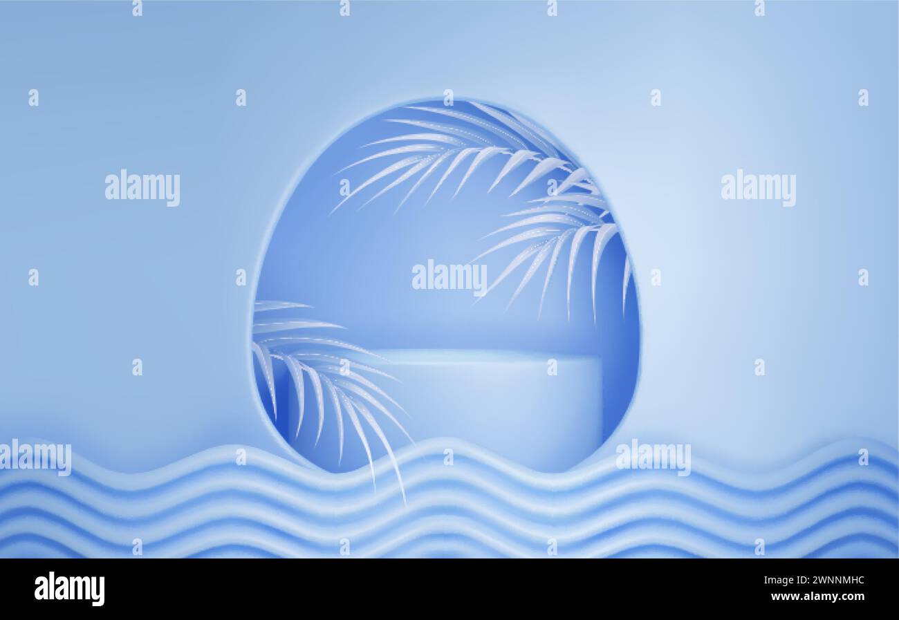 Cylinder podium in oval window. Vector realistic illustration of blue ...