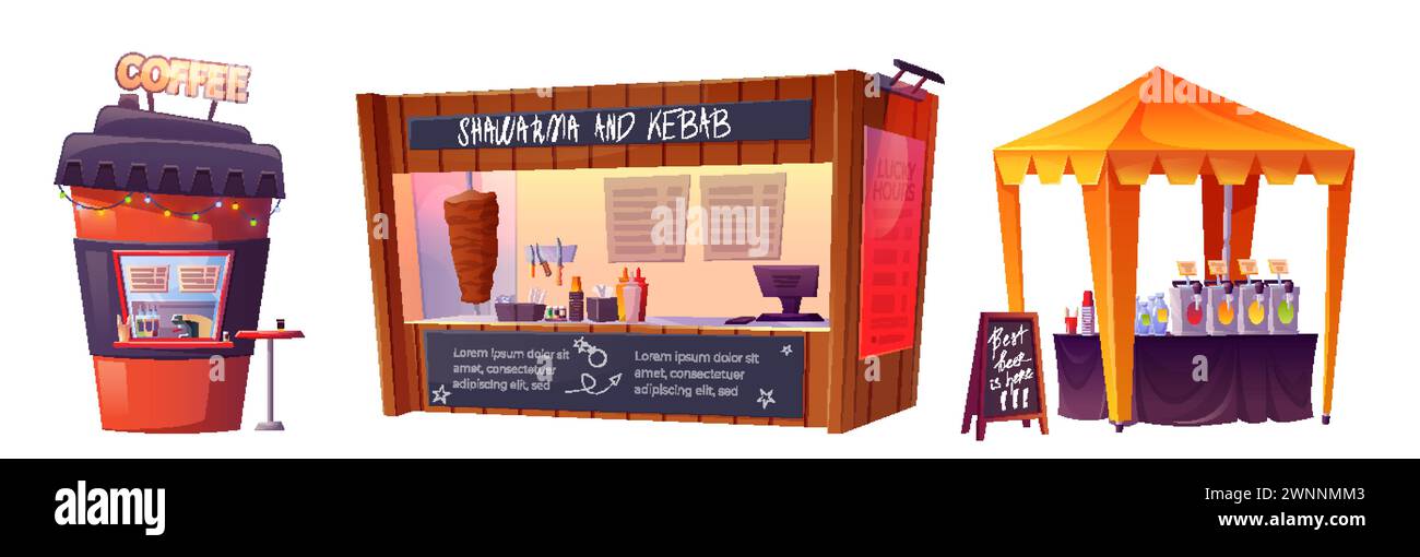 Street food stalls set isolated on white background. Vector cartoon ...