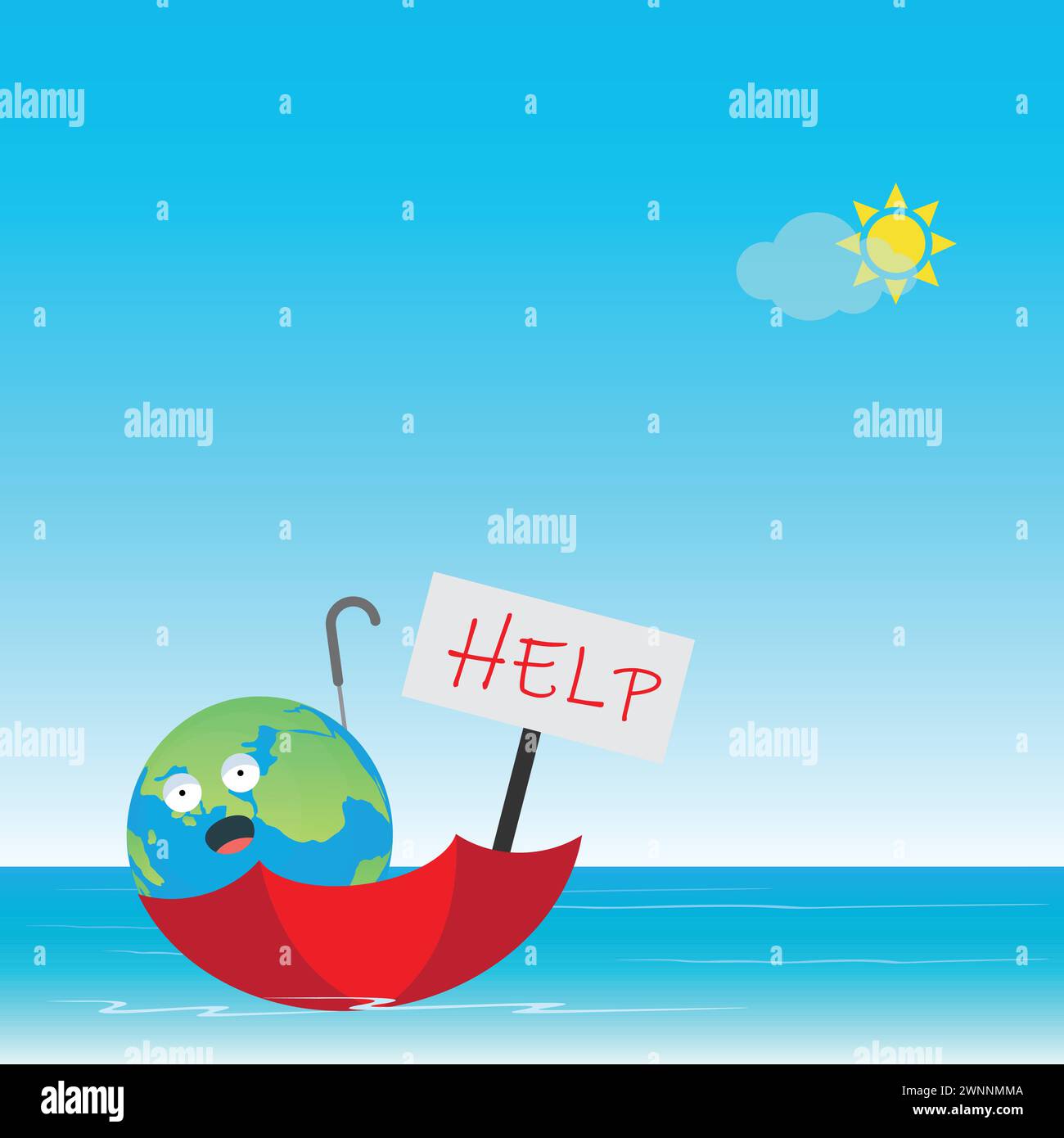 Earth globe floating on water in a red umbrella with the message help ...