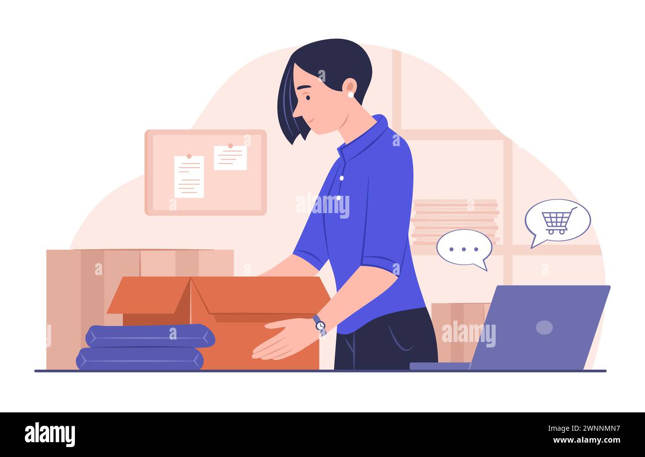 Online Business Owner Packing Product Order Into Parcel Box for Online ...