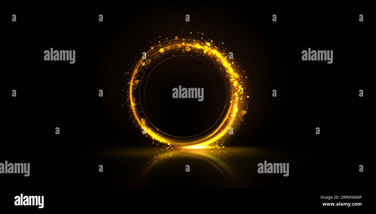 Golden glowing circle frame with glitter sparkle on black background ...