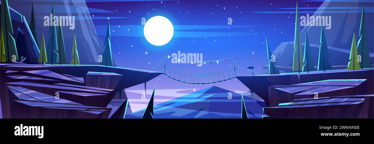 Rope bridge hanging between edges of high dangerous rock cliff with gap ...